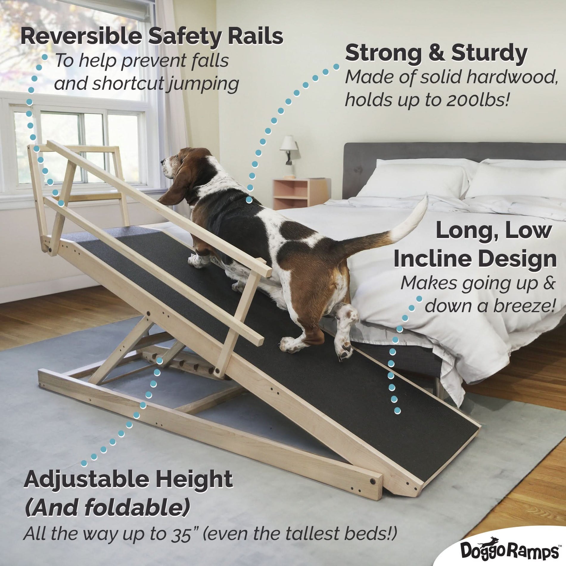 Bed Ramp for Medium & Large Dogs - Adjustable Dog Ramp with Rails