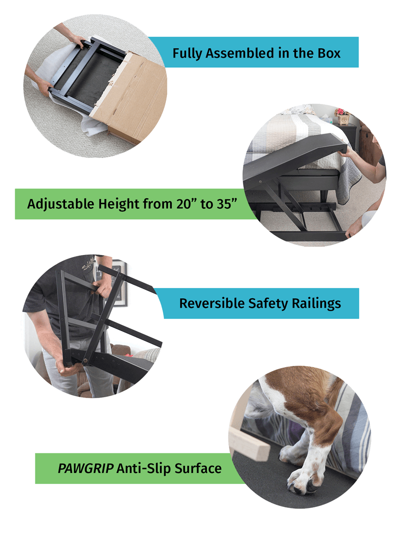 Bed Ramp for Medium & Large Dogs - Adjustable Dog Ramp with Rails